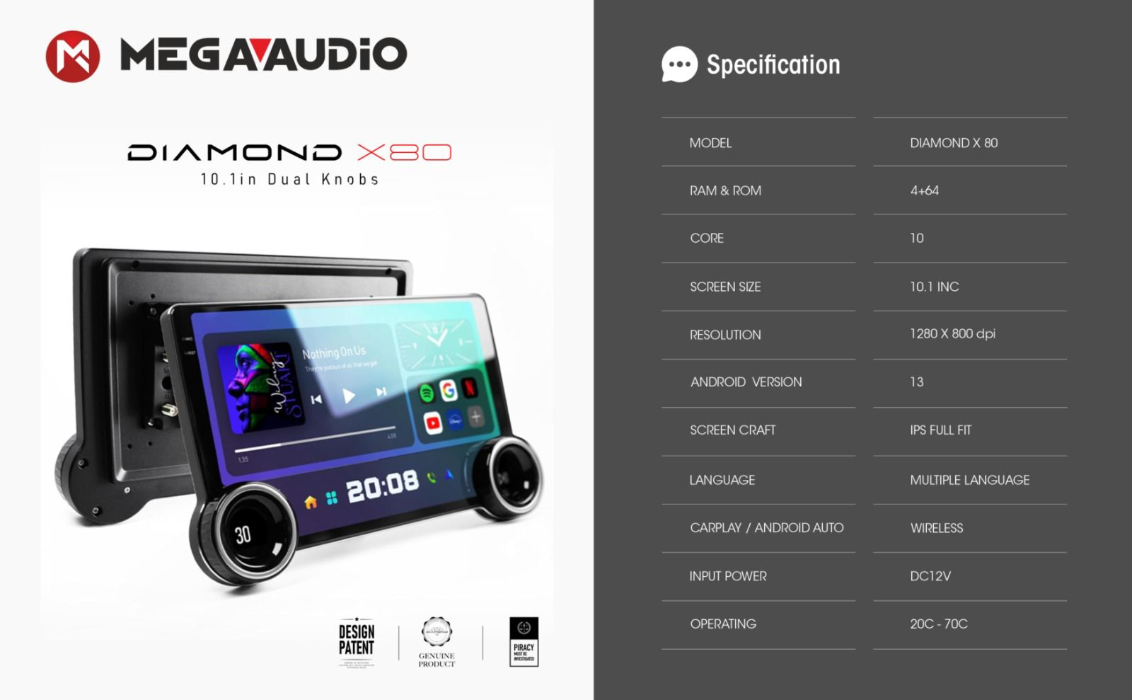 Mega audio Diamond X80 10.1 Dual Knobs
